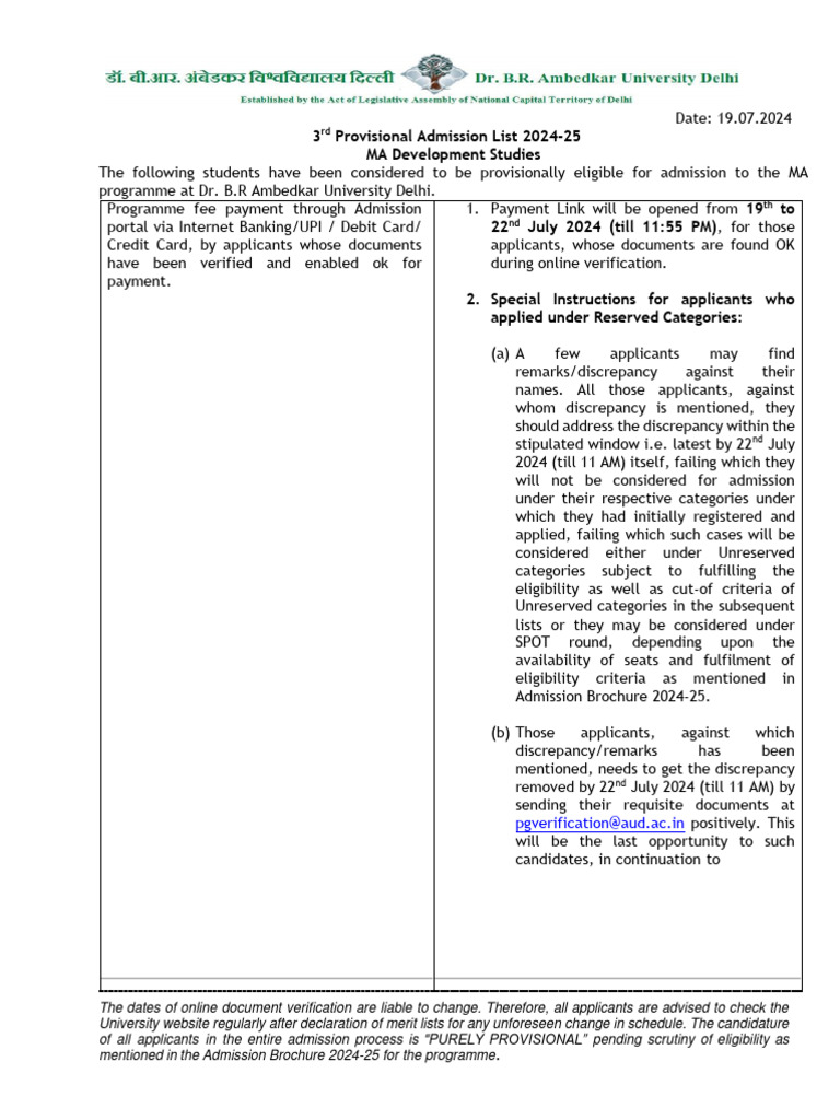 3rd Provisional Admission List 2024-25 MA Development Studies | PDF