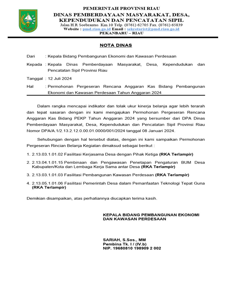 Nota Dinas Pergeseran Anggaran | PDF