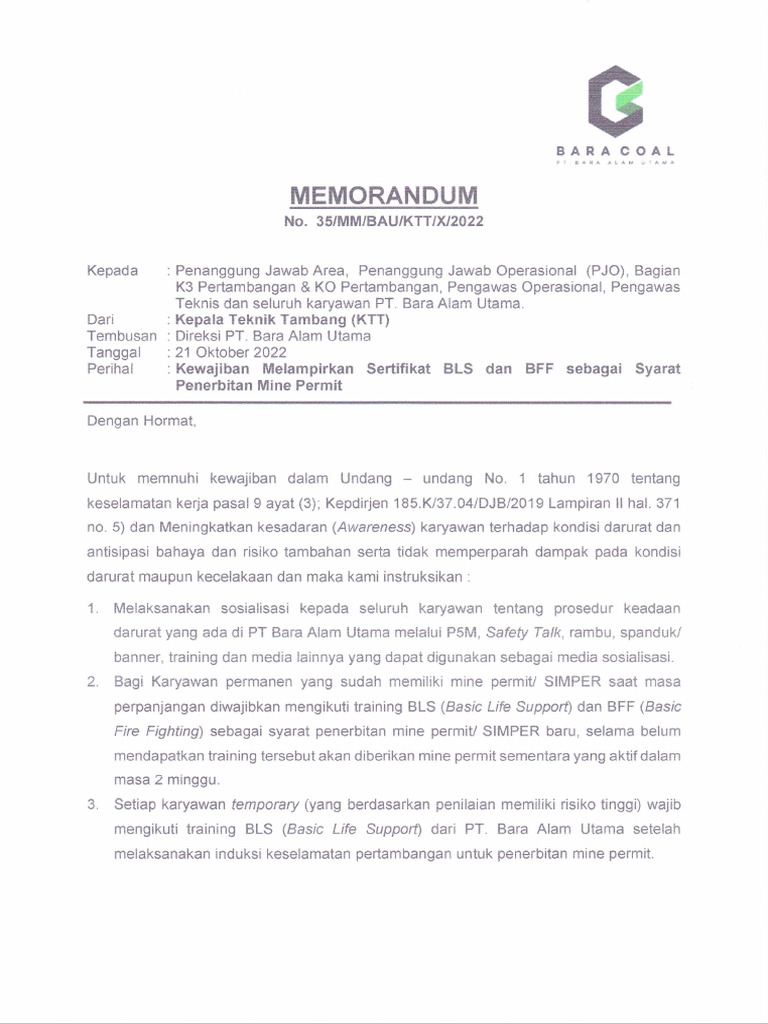 2022-10-21 35-Memo KTT - Kewajiban Training BLS Dan BFF Sebagai Syarat Penerbitan Mine Permit | PDF