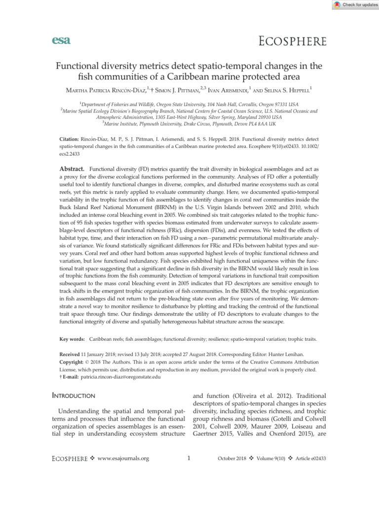 FD-Functional Diversity Metrics Detect Spatio-Temporal Changes in The SH Communities | PDF ...