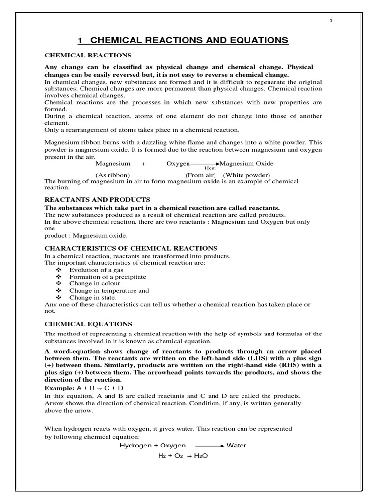 Chemistry Master Notes-1 Chemical Reactions and Equations | PDF ...