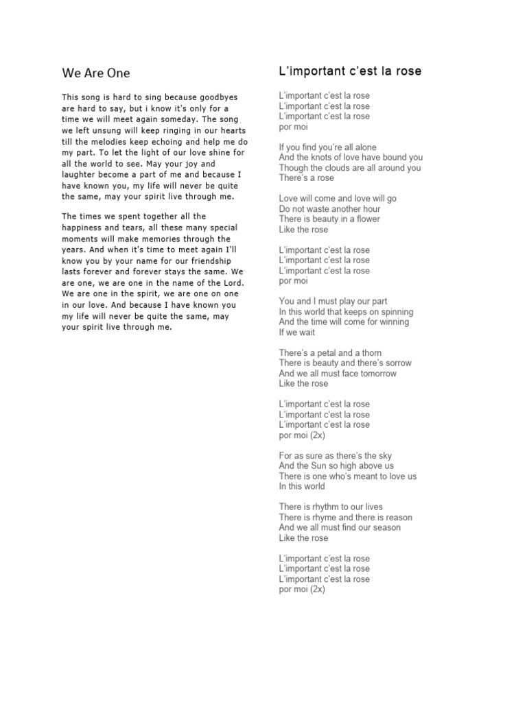 Lyrics of We Are One and L'important | PDF