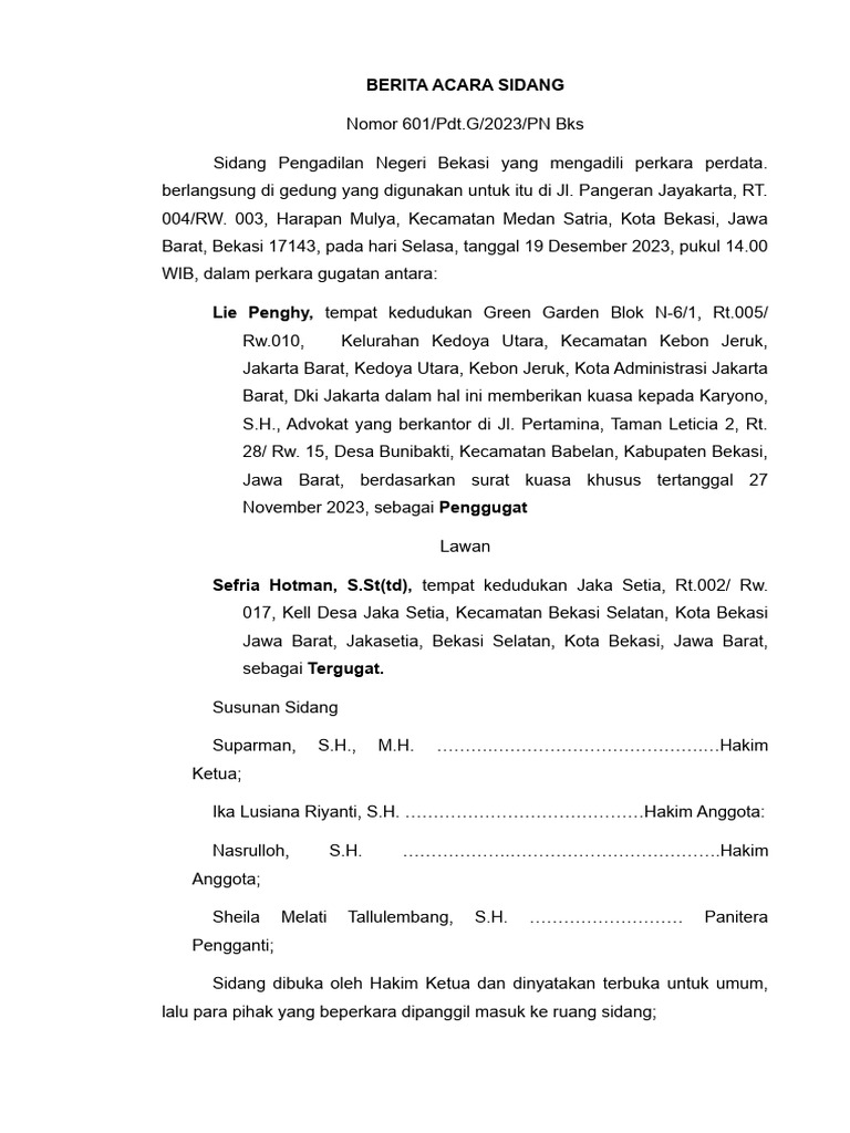 Berita Acara Sidang Perdata | PDF