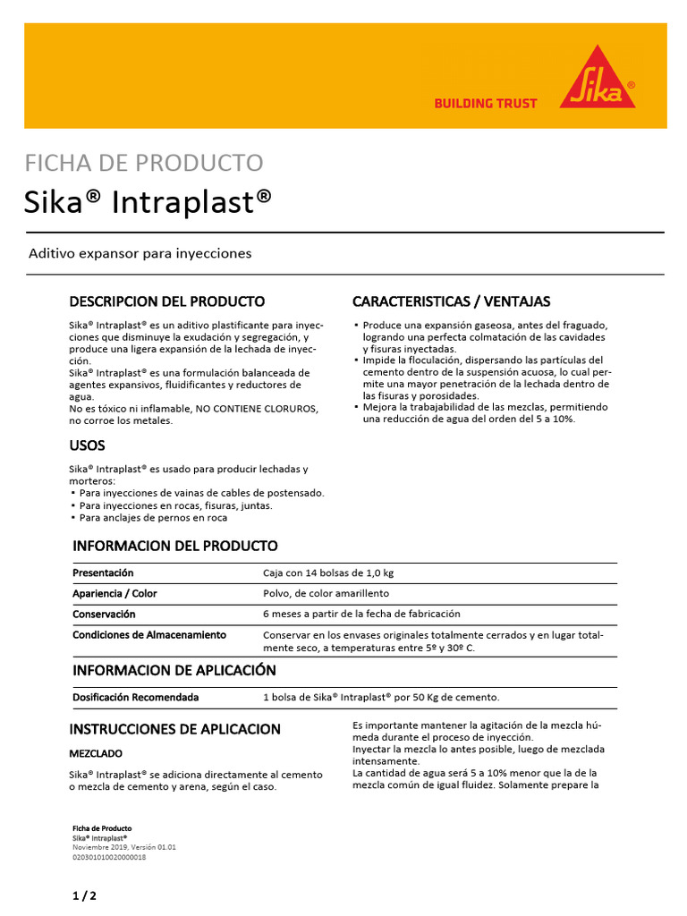 Sika Intraplast | PDF | Cemento | Materiales de construcción