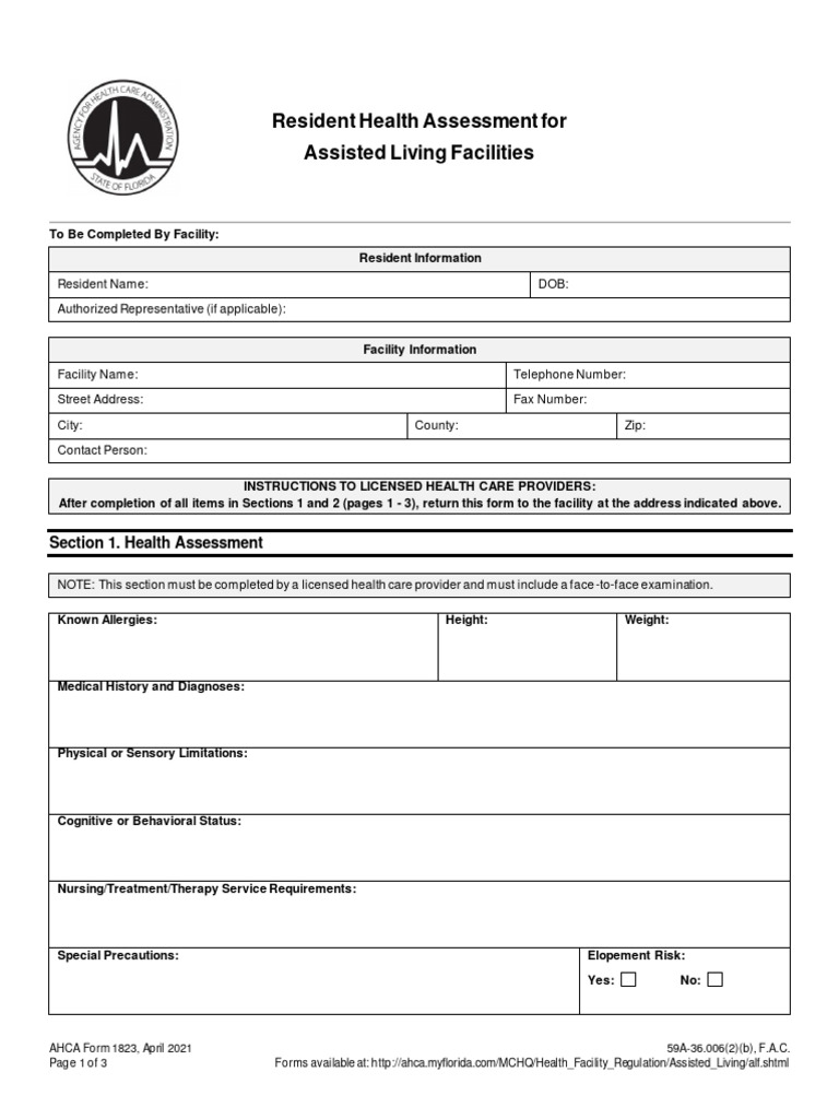 AHCA Form 1823 Resident Health Assessment April 2021 | PDF | Assisted ...