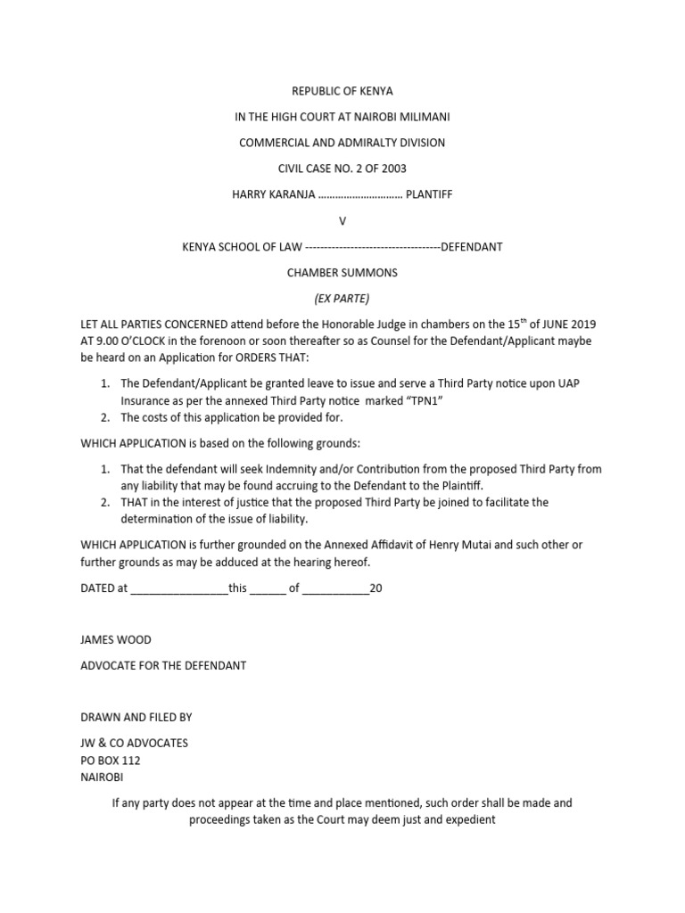 Chamber Summons For Third Party Notice | PDF | Law