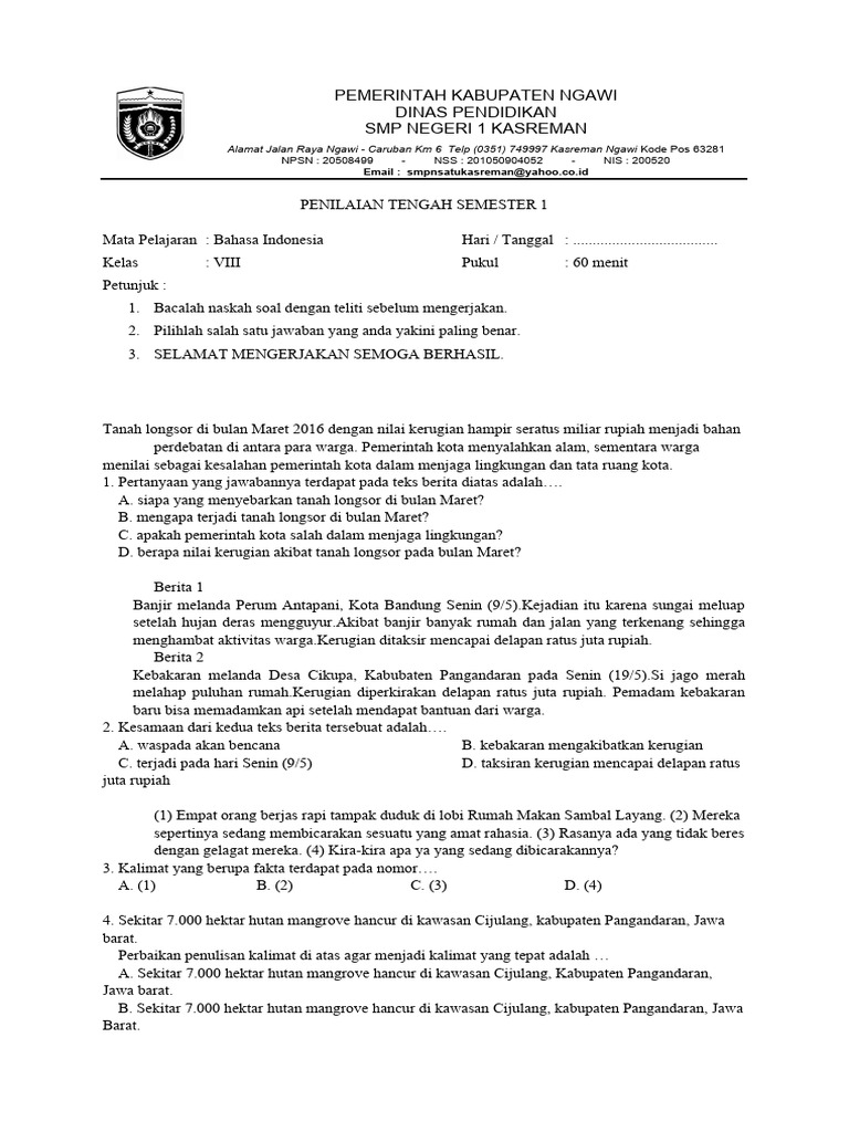 Soal Uts Bin Kelas Viii 19-20 | PDF