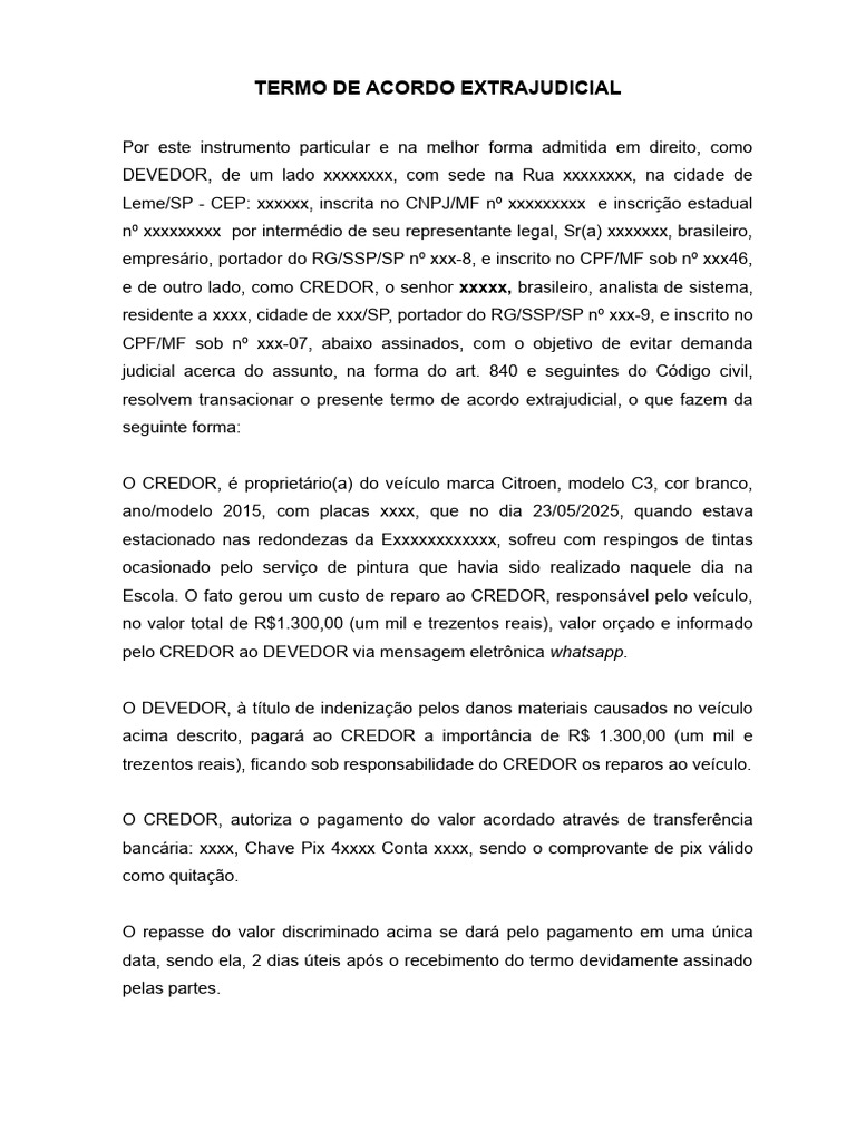 Termo de Acordo Extrajudicial | PDF | Crédito | Finanças e ...