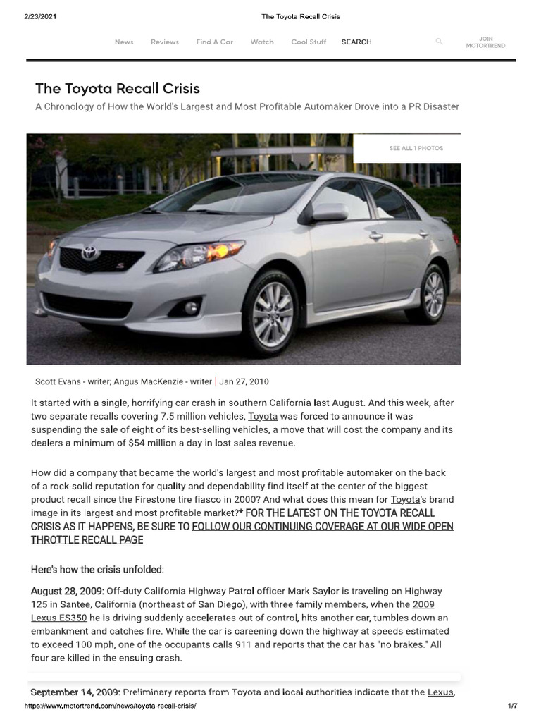 Case Study - Toyota Recall Crisis | PDF