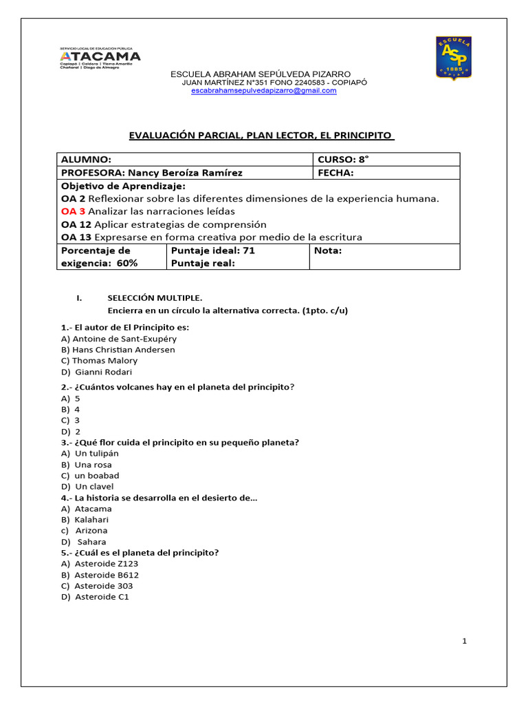 Plan Lector 8° El Principito | PDF | El Principito