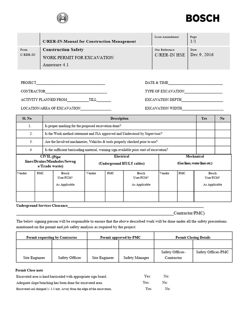 4.1 Work Permit For Excavation | PDF | Engineering