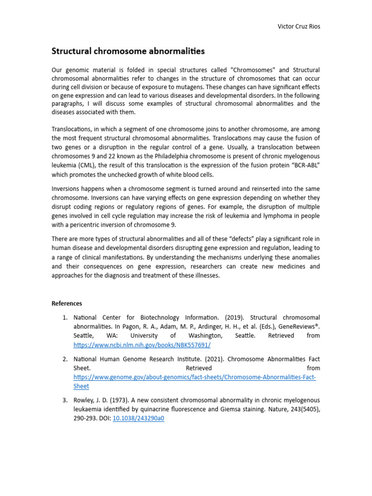 Essay of Structural Chromosome Abnormalities | PDF | Clinical Medicine | Biochemistry