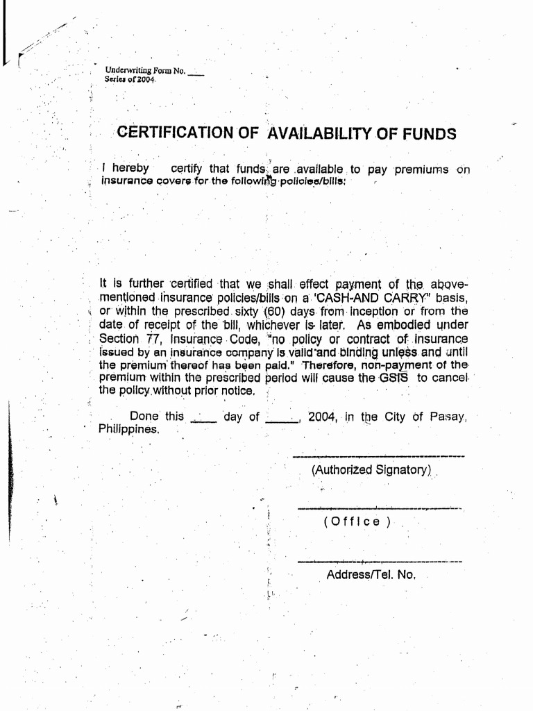 Certification of Availability of Funds | PDF | Insurance | Law And ...