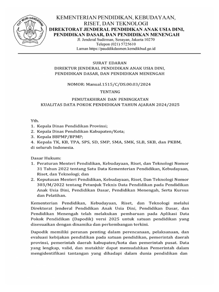 SE Dirjen PDM No 1515 Tahun 2024 Tentang Pemutakhiran Kualitas Dapodik 2024-16 Juli 2024 | PDF