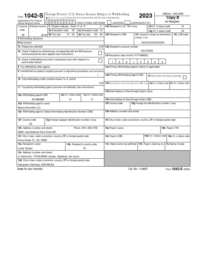 Foreign Person's U.S. Source Income Subject To Withholding: Copy B ...