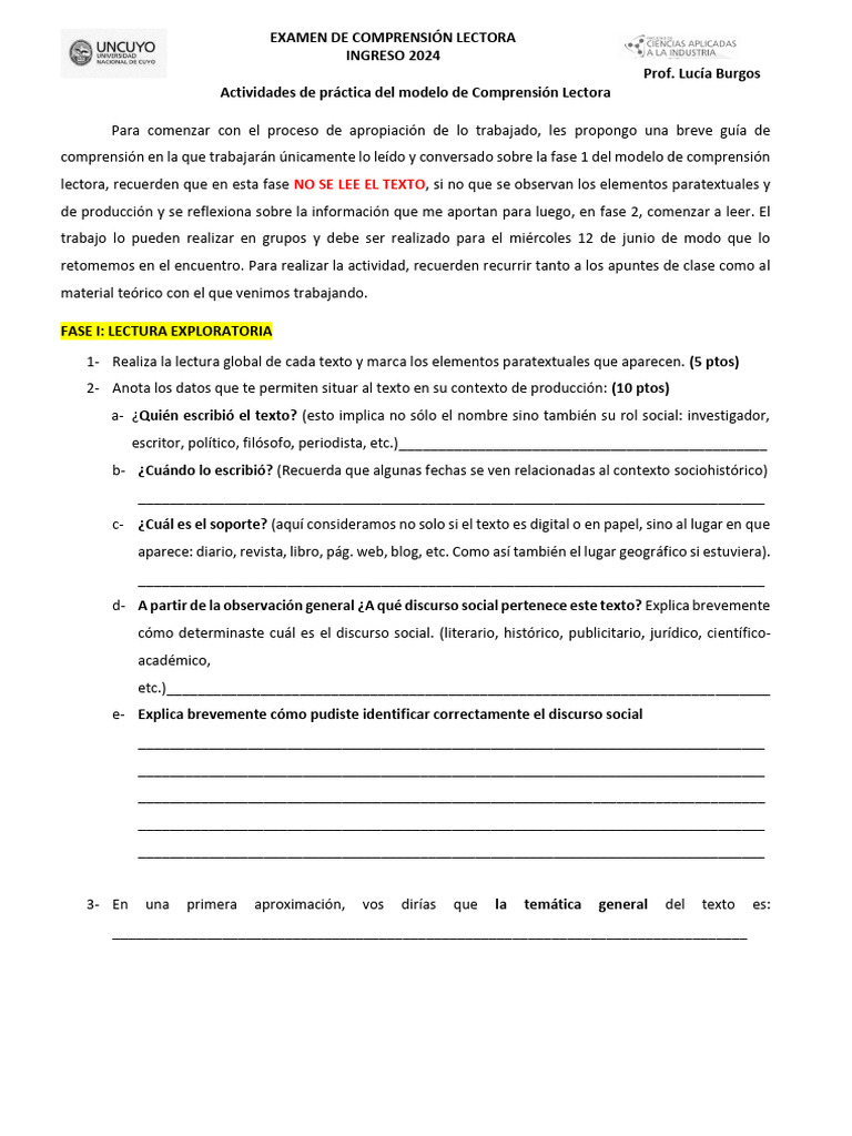 Guía de Comprensión Lectora 2024 | PDF | Comprensión lectora ...