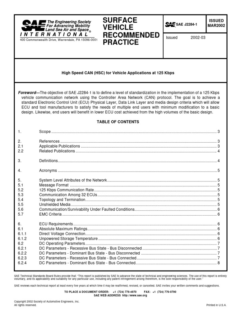 SAE J2284-1-2002 High Speed CAN (HSC) For Vehicle Applications at 125 ...