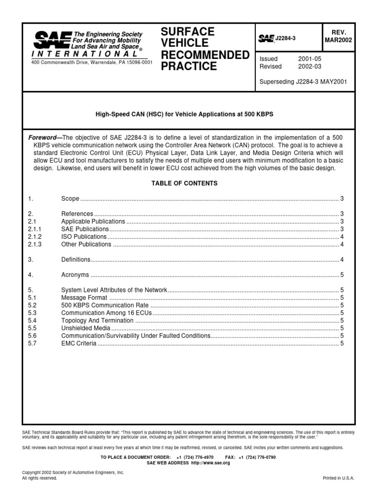 SAE J2284-3-2001 High Speed CAN (HSC) For Vehicle Applications at 500 ...