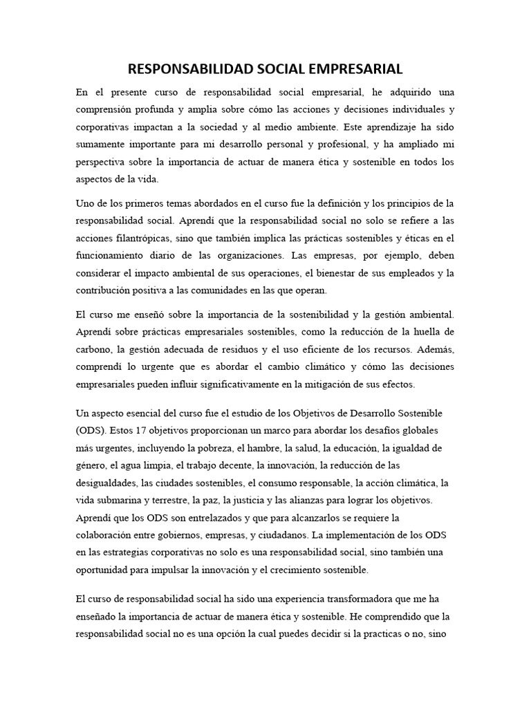 RESPONSABILIDAD SOCIAL EMPRESARIAL | PDF | Sustentabilidad | Responsabilidad social corporativa