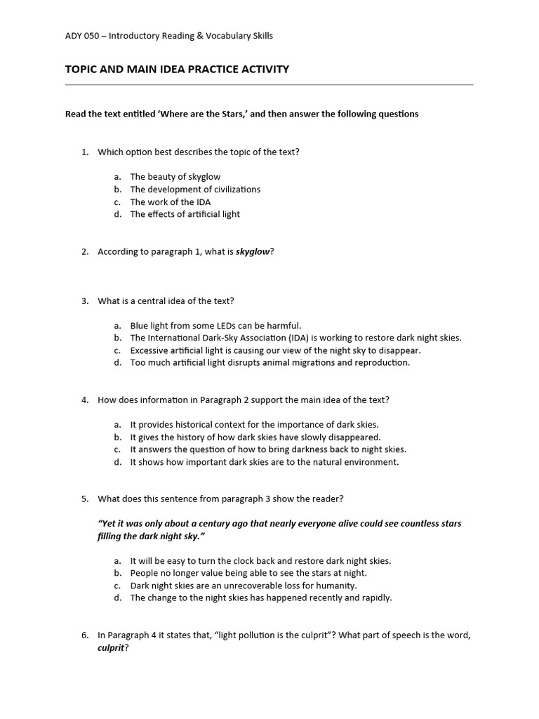 Topic+and+Main+Idea+ +Practice+Exercise | PDF | Linguistic Morphology ...