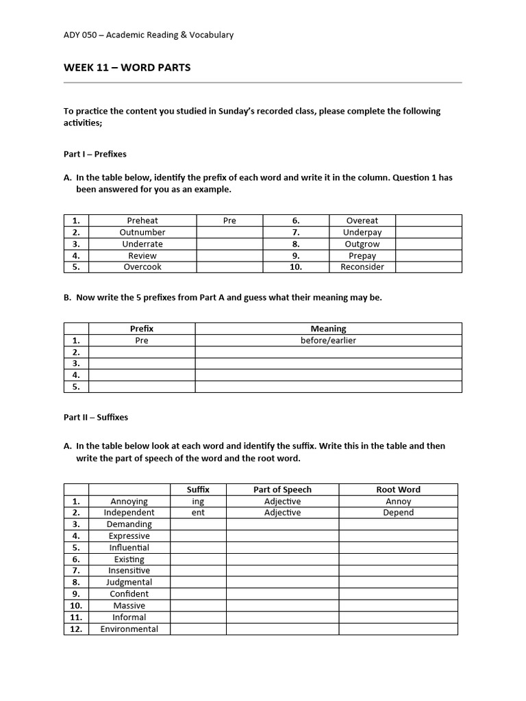 Word Parts - Practice Activity | PDF | Part Of Speech | Adjective