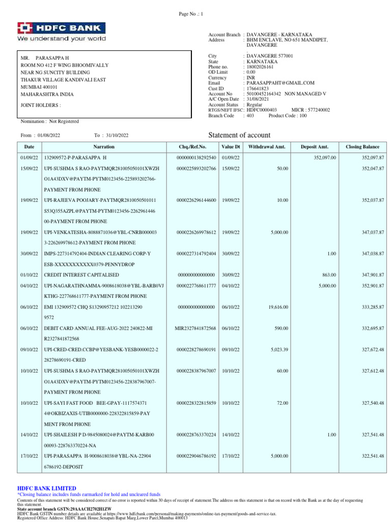 Acct Statement - XX4342 - 14112022 | PDF | Banking Technology | Personal Finance