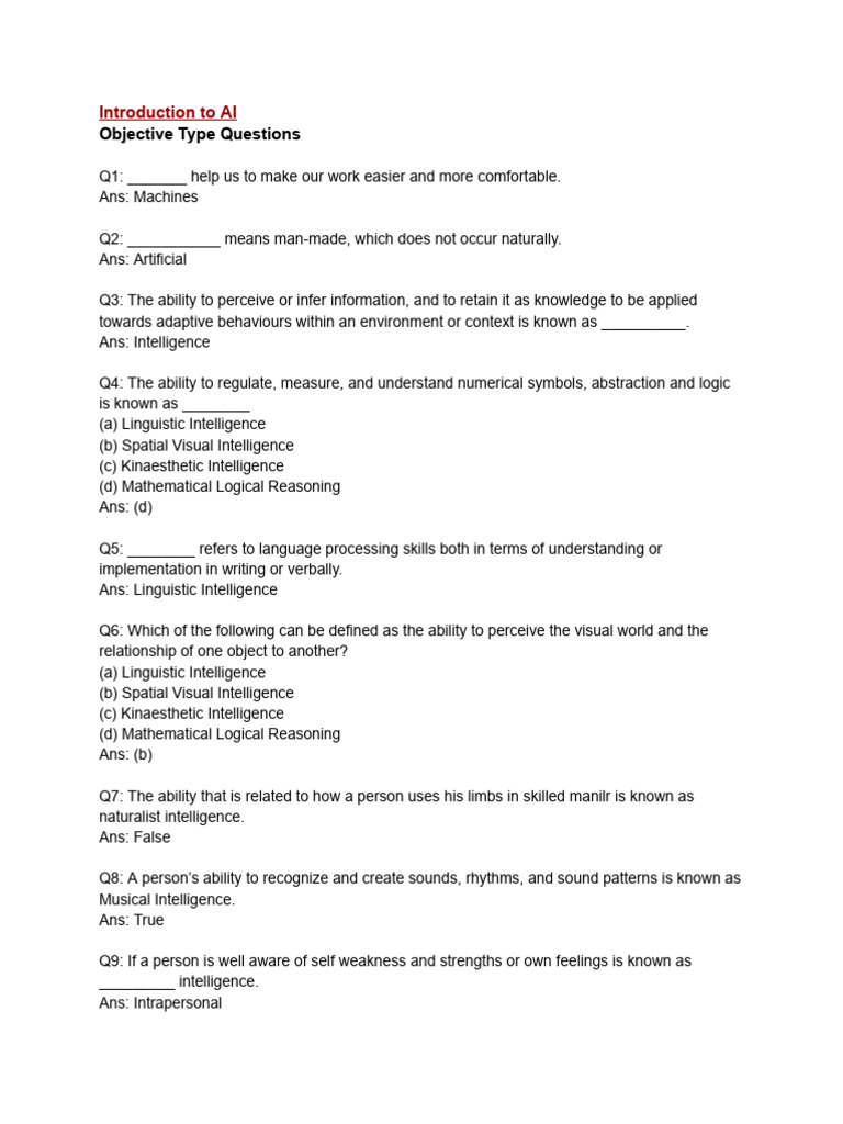 Introduction To AI Ques | PDF | Artificial Intelligence | Intelligence ...