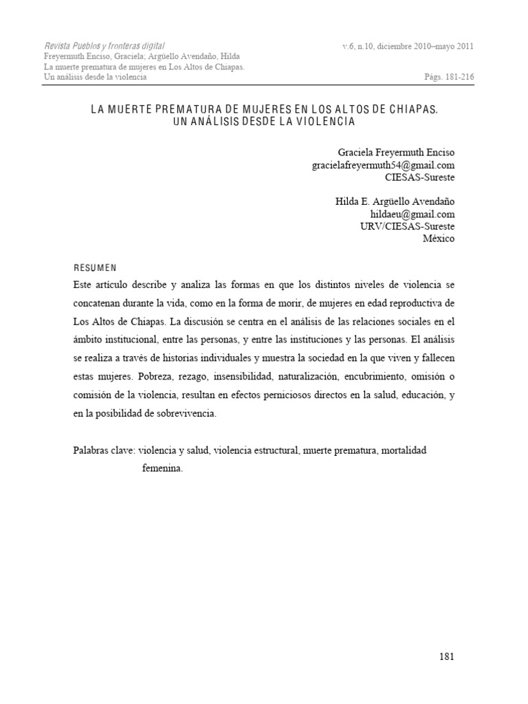 La Muerte Prematura de Mujeres en Chiapas, Freyemuth, Revista Pueblos y ...