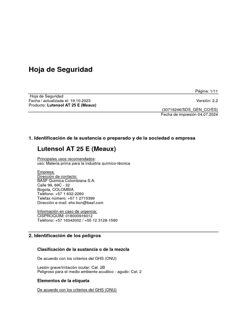 Lutensol+AT+25+E+ (Meaux) 30716246 SDS GEN CO Es 2-2 | PDF | Agua ...