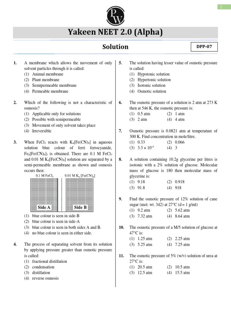 Solution - DPP-07 (Of Lecture-08) Yakeen 20 2024 (Alpha) | PDF | Osmosis | Physical Chemistry