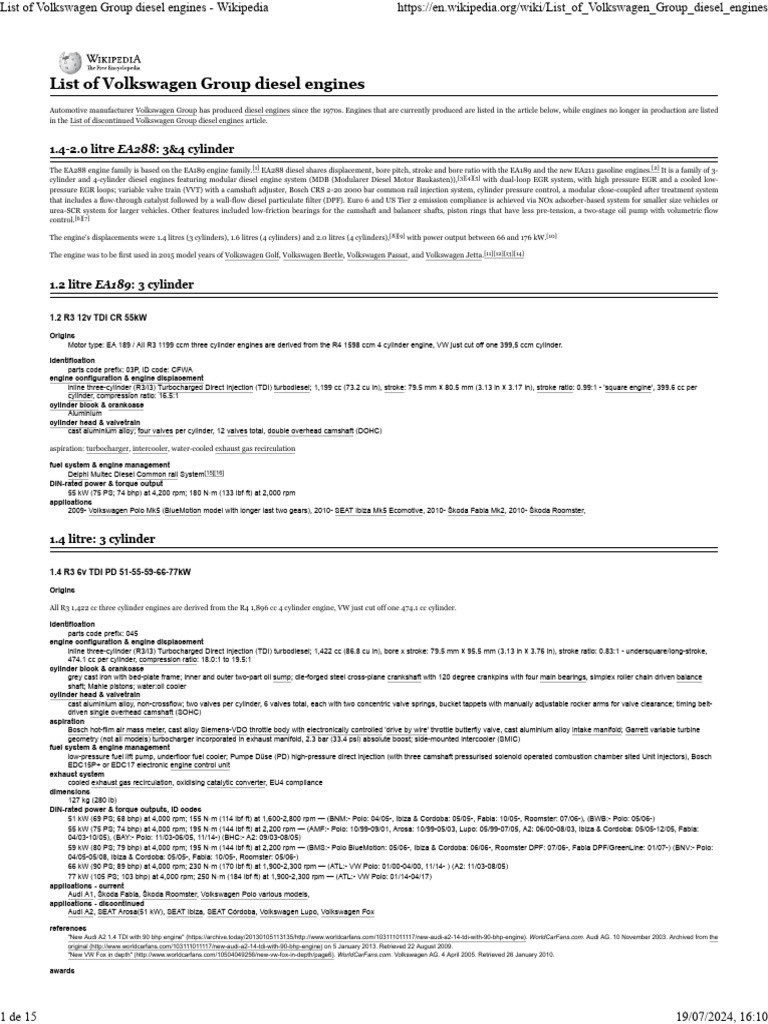 List of Volkswagen Group diesel engines | PDF | Volkswagen | Diesel Engine List of Volkswagen Group diesel engines | PDF | Volkswagen | Diesel Engine