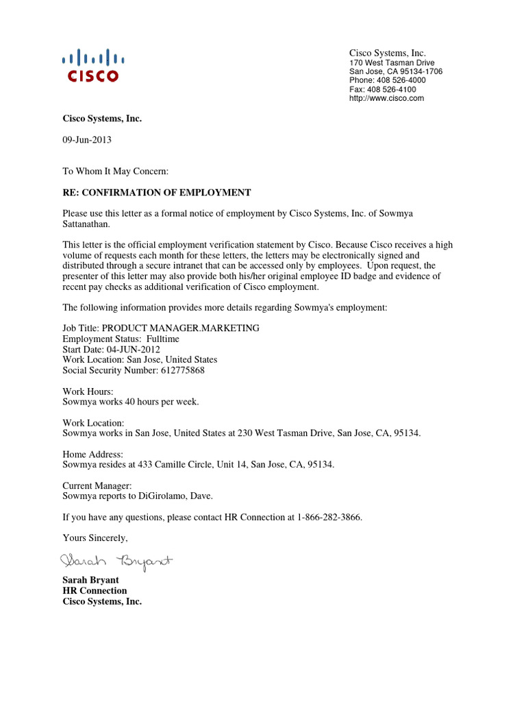 Cisco Employment Verification for Sowmya | PDF