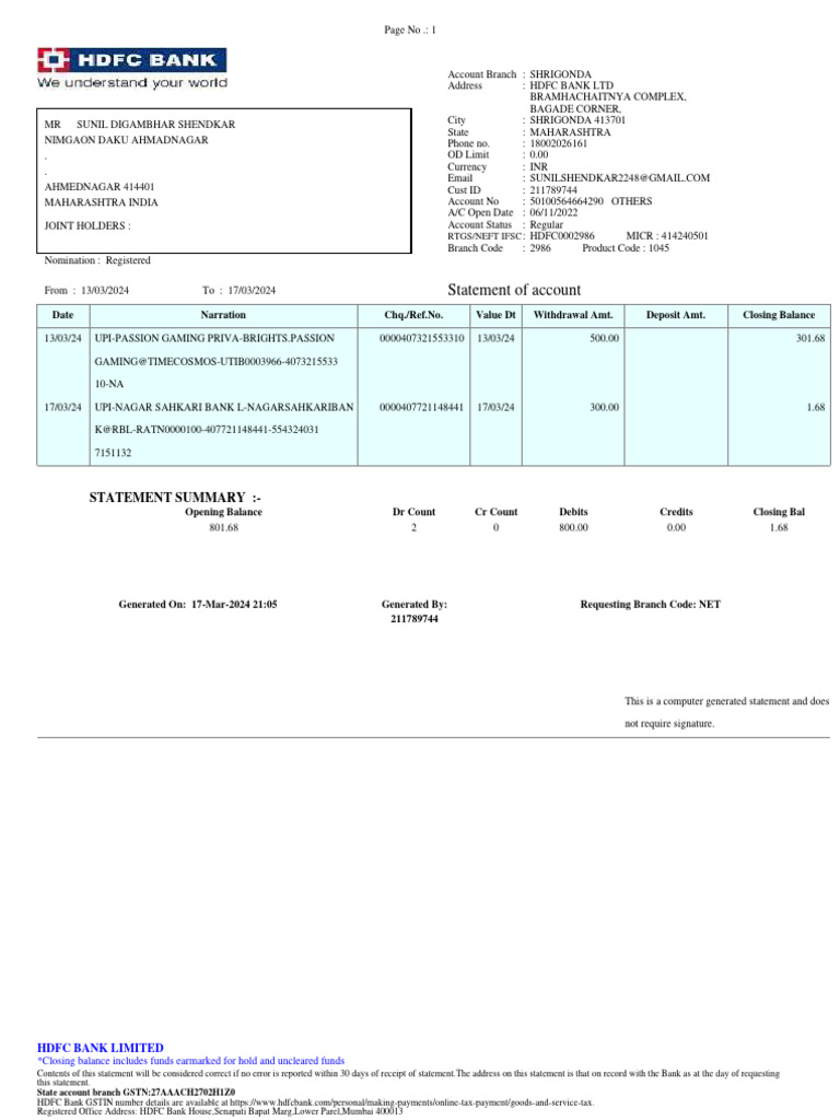 Acct Statement XX6642 17032024 | PDF | Banking | Financial Services