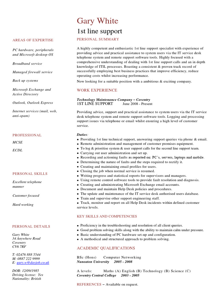 1st Line Support CV Template | Download Free PDF | Personal Computers ...