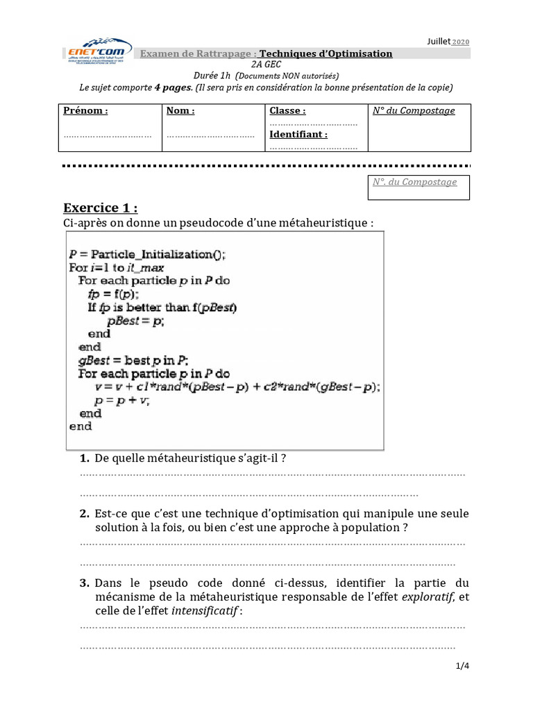 Examen Techniques d Optimisation 2 ING GEC Juillet 2021 rattrapage | PDF