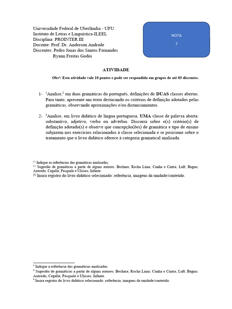 ATIVIDADE PROINTER 1 - Pedro - Ryan | PDF | Advérbio | Linguística