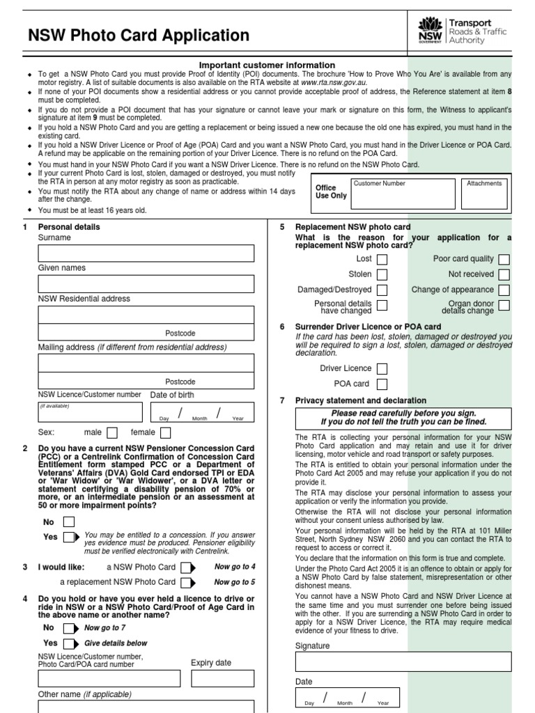NSW Photo Card Application: Important Customer Information | PDF ...