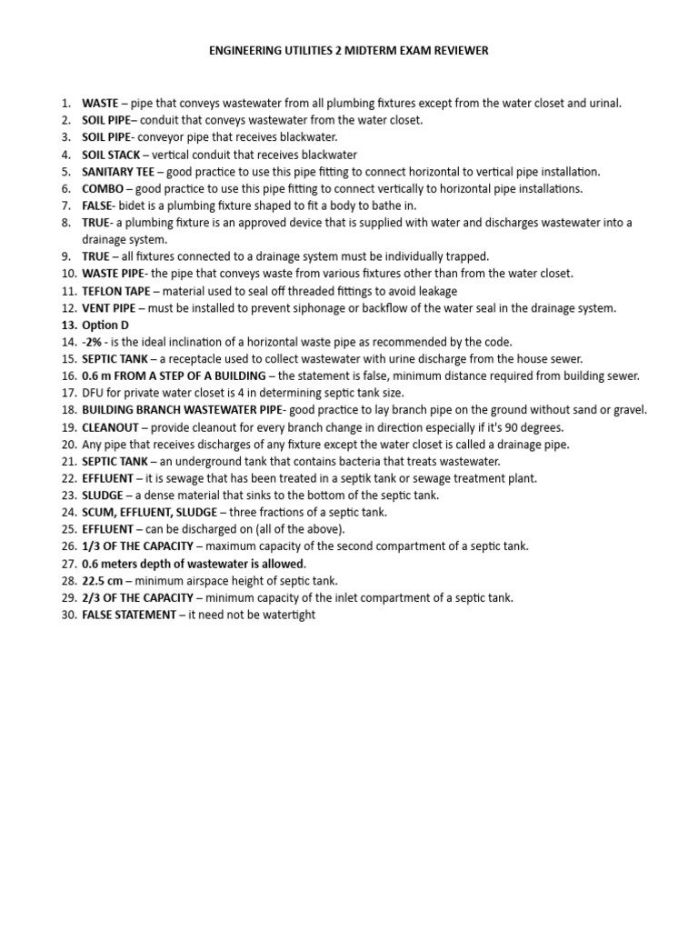 Engineering Utilities 2 Midterm Exam Reviewer | PDF | Sewage Treatment | Septic Tank