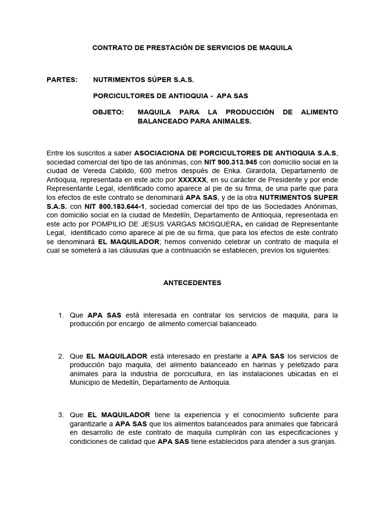 Contrato De PrestaciÓn De Servicios De Maquila Apa Sas Descargar Gratis Pdf Propiedad 