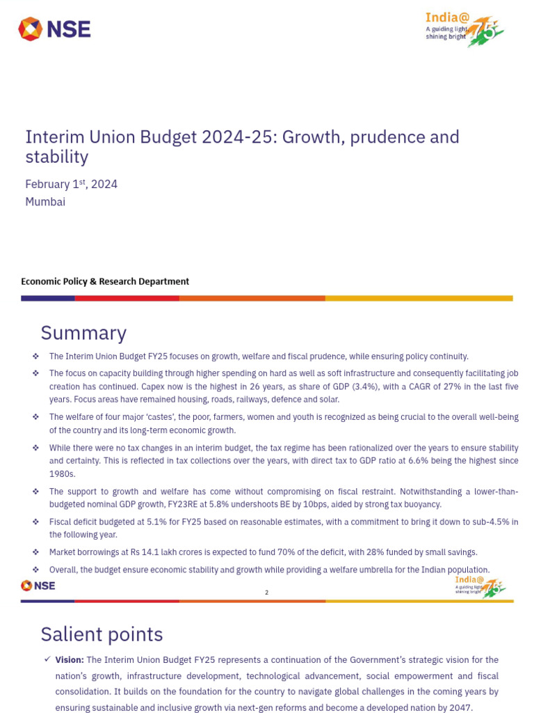 NSE - Interim Union Budget FY25 - 20240201 | PDF | Government Budget ...