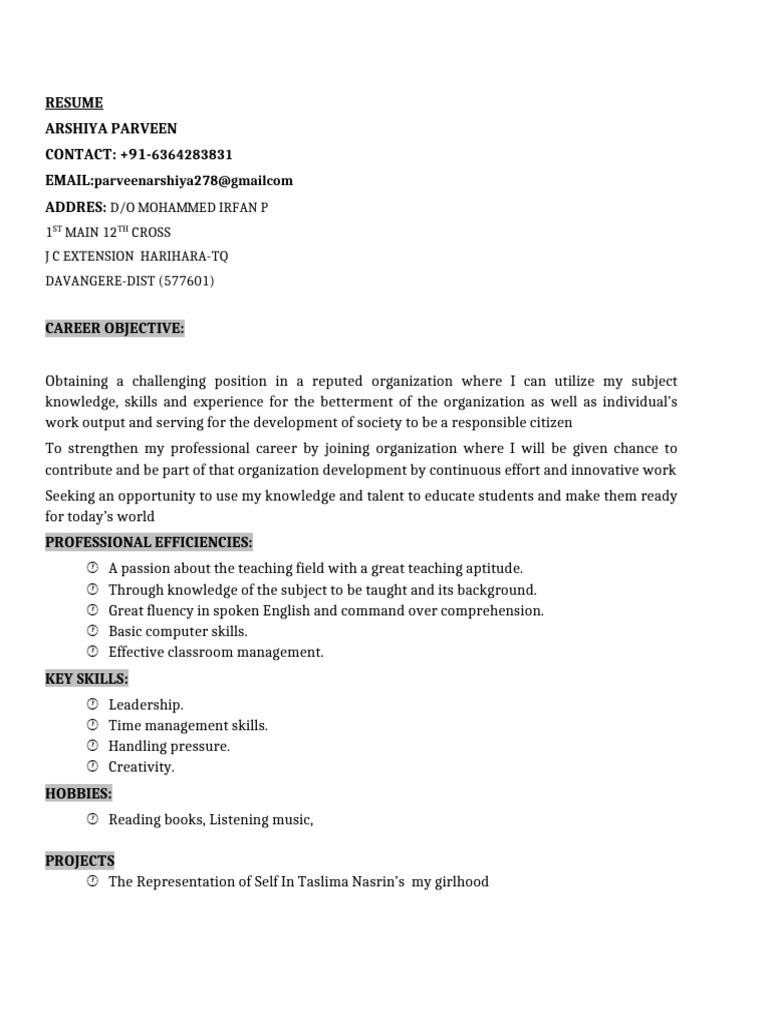 Arshiya Parveen Resume 2023 | PDF | Human Communication | Behavior Modification