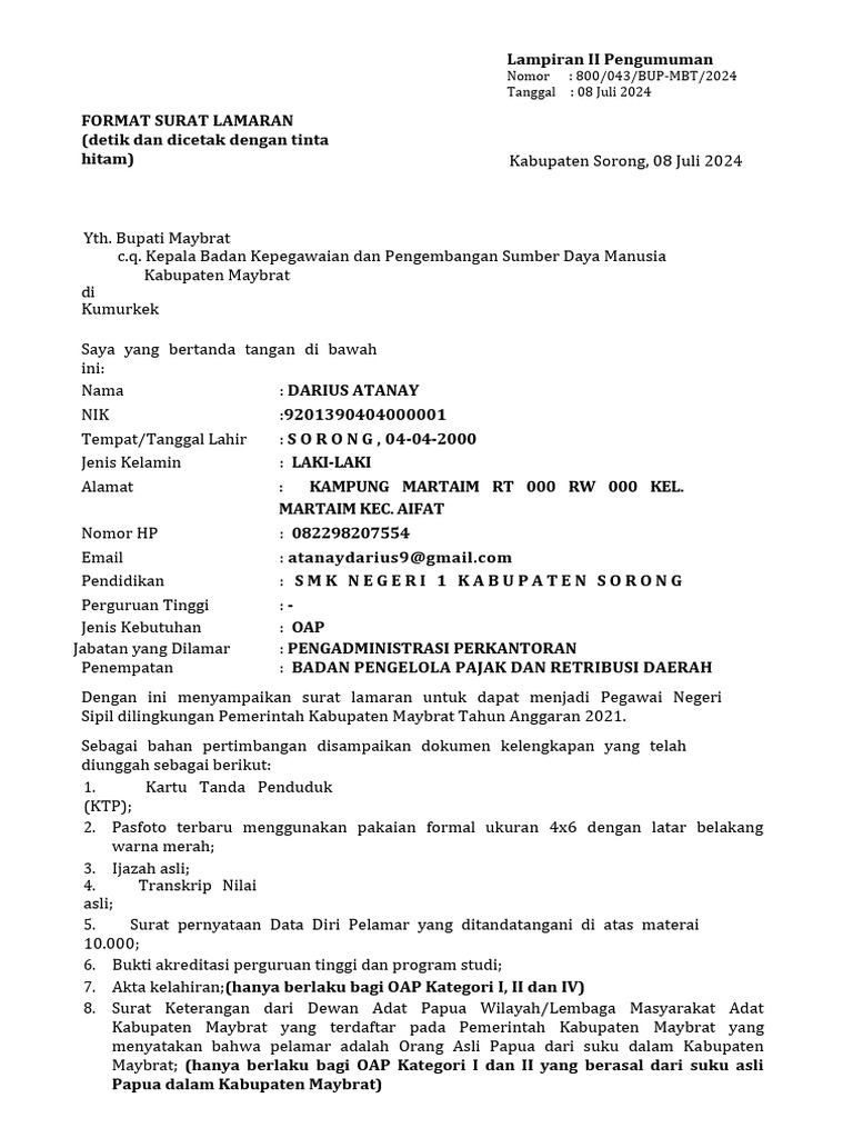 Surat Lamaran CPNS OAP | PDF