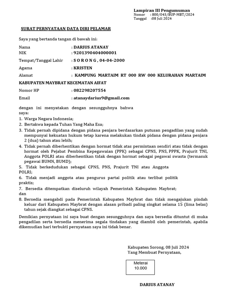 Surat Pernyataan CPNS OAP | PDF