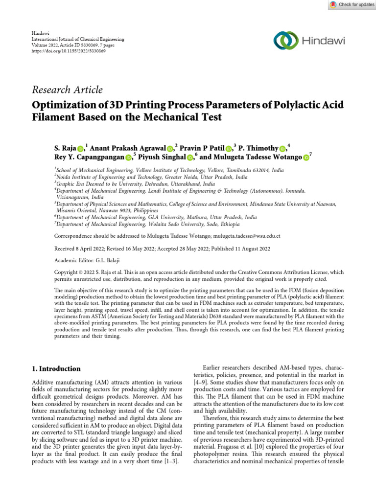 International Journal of Chemical Engineering - 2022 - Raja - Optimization of 3D Printing ...