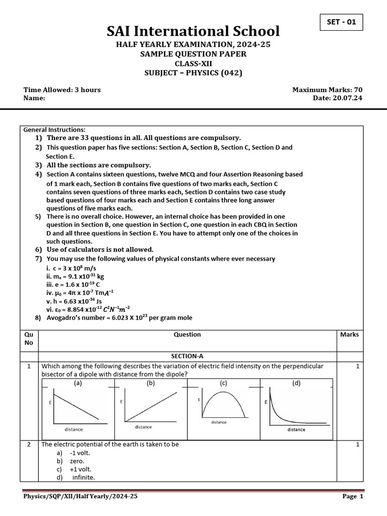 Physics Sqp-Hy - Class-12 (2024) | PDF | Electric Charge | Electron