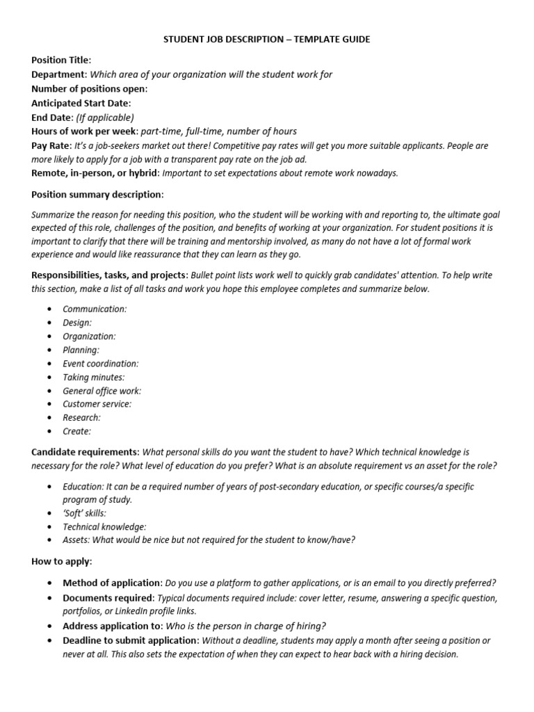 Student Job Description - Template Guide | PDF | Résumé | Human ...