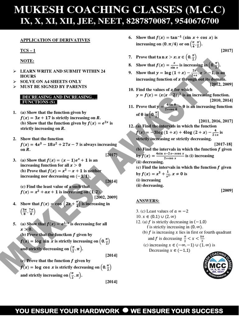 Aod Class-12 TCS-1 (12-7-24) | PDF | Monotonic Function | Function ...