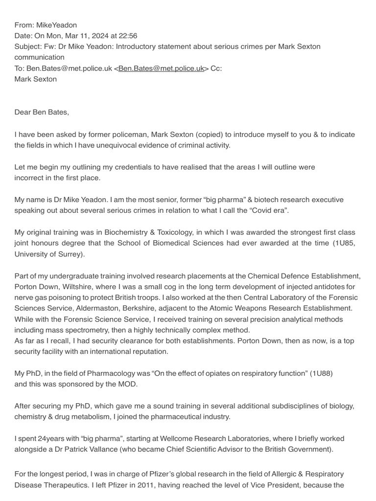 From - MikeYeadon - To - PC - Bates | PDF | Pandemic | Vaccines