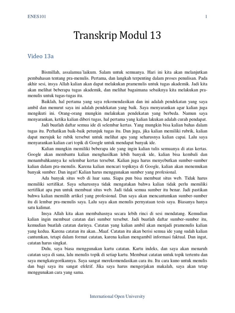 ENES101 Transkrip Modul 13 | PDF | Karier & Perkembangan | Seni & Disiplin Bahasa