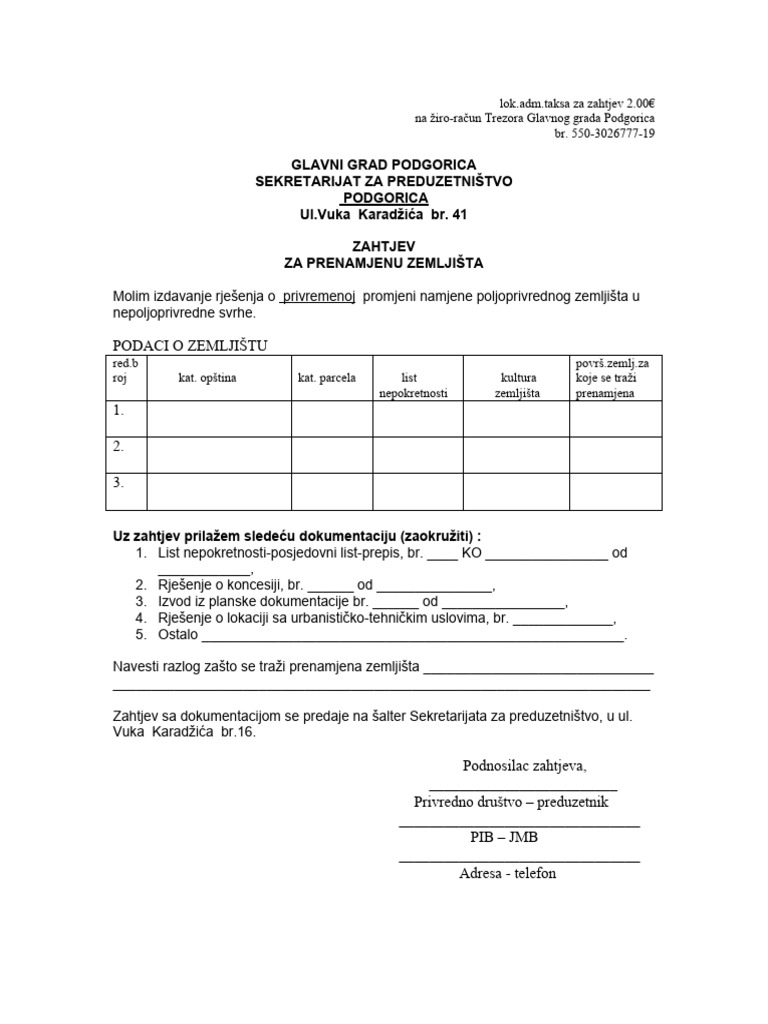 Zahtjev Za Prenamjenu Zemljišta 1 | PDF
